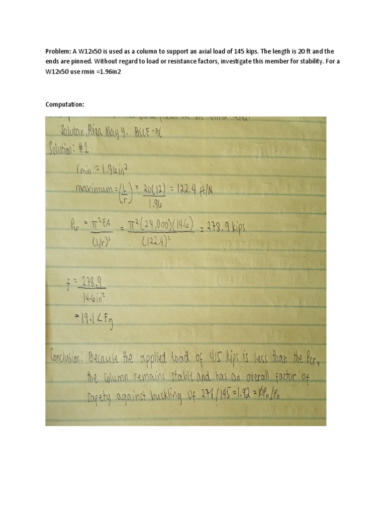 Pinned W12x50 column checked for stability under 145 kip load | PDF