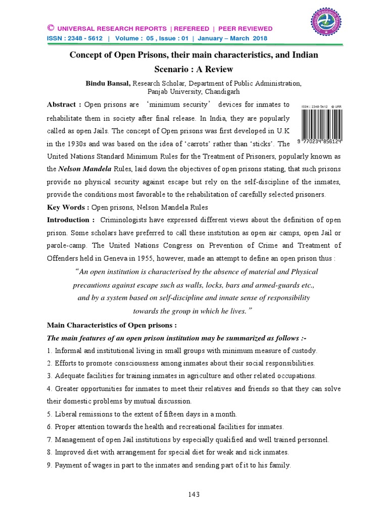 Concept of Open Prisons, Their Main Characteristics, and Indian ...