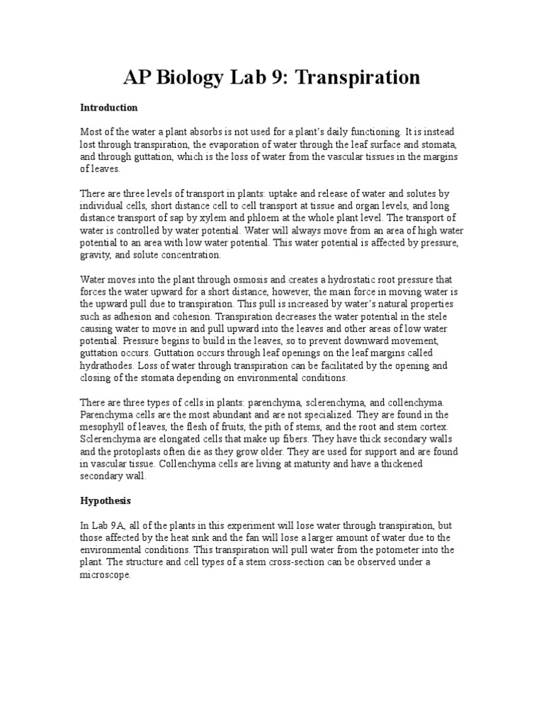 AP Biology Lab 9: Plant Transpiration Study | PDF | Stoma | Leaf
