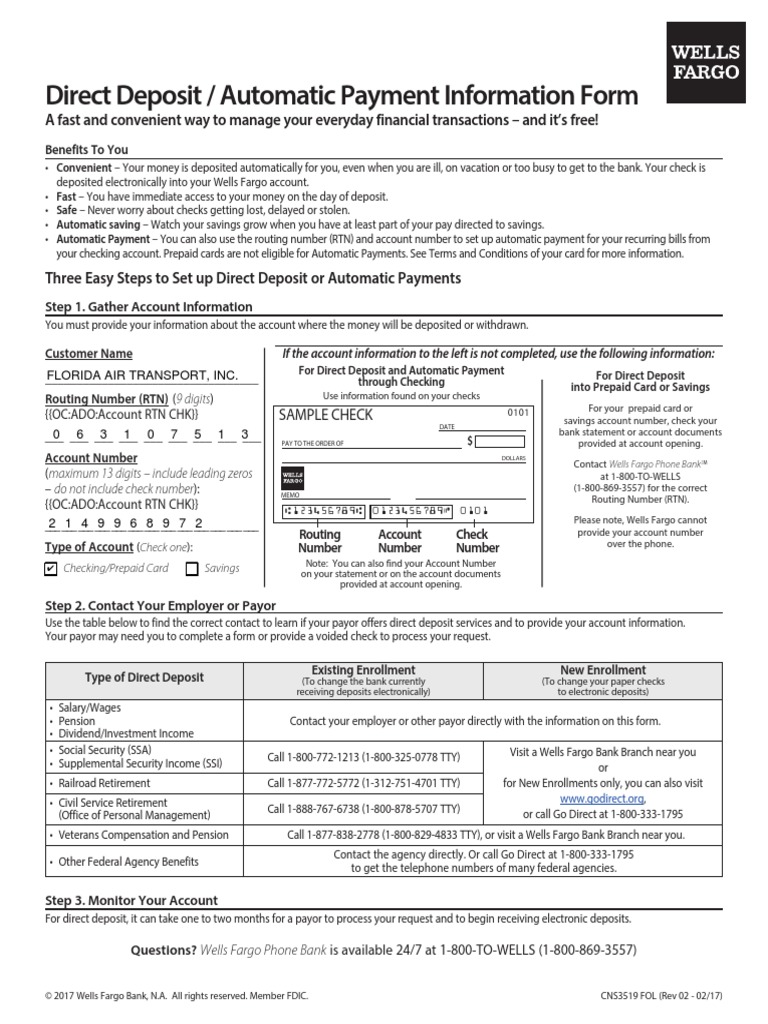 Direct Deposit / Automatic Payment Information Form | PDF | Cheque ...