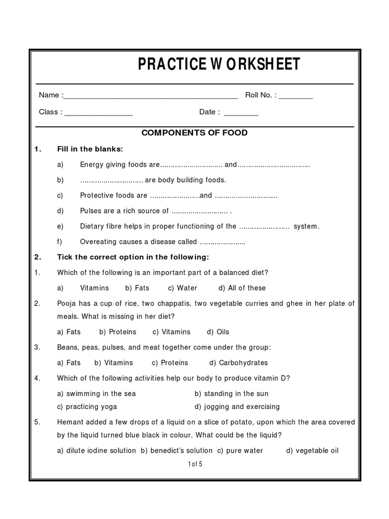 Practice Worksheet: Components of Food | PDF | Malnutrition | Vitamin