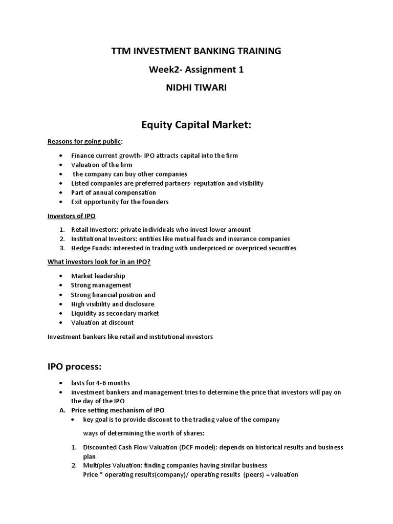 TTM INVESTMENT BANKING TRAINING Week2 | PDF | Initial Public Offering | Valuation (Finance)