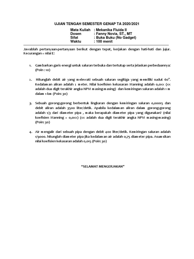 UTS Mekanika Fluida 2 2020 - 2021 | PDF