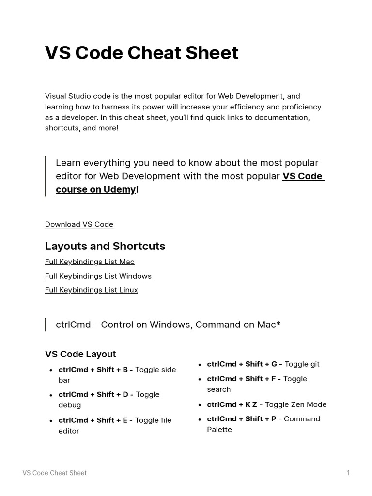 VS Code Cheat Sheet: Layouts and Shortcuts | PDF | Keyboard Shortcut | Software