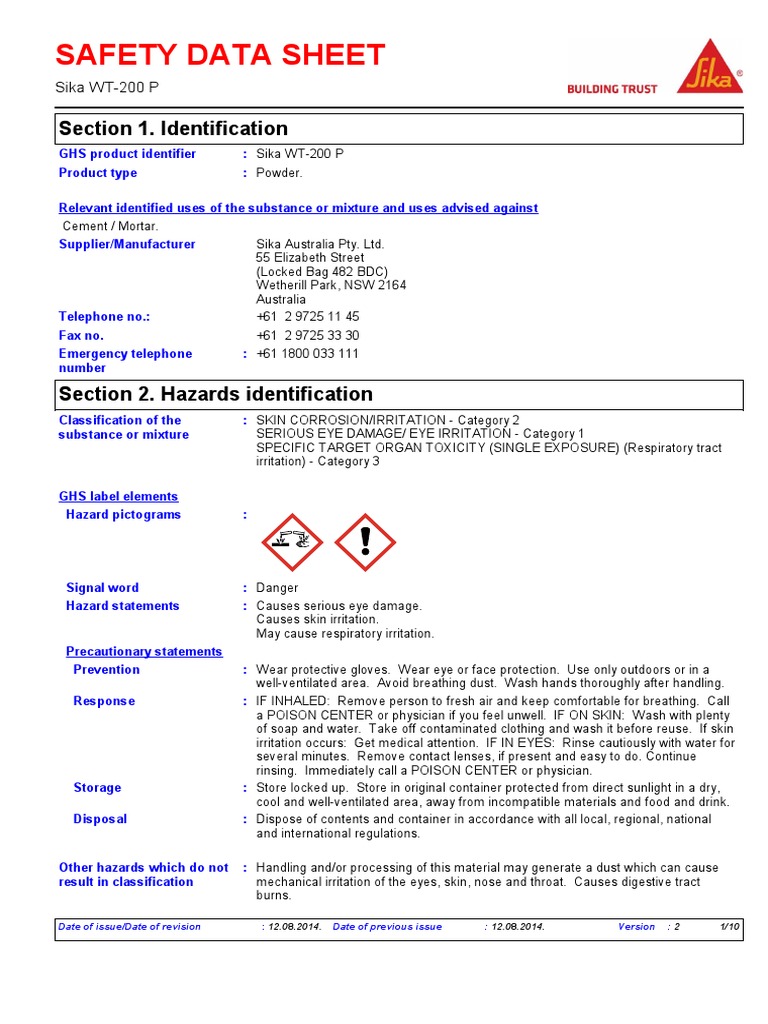 SIKA WT-200 P SDS (Crystline Waterproofing Admix) | PDF | Firefighting | Toxicity