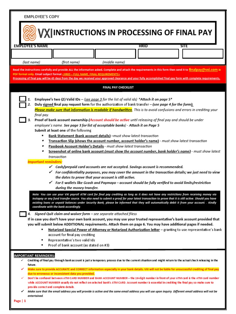 Final Pay Bank Transfer Instructions | PDF | Automated Teller Machine ...