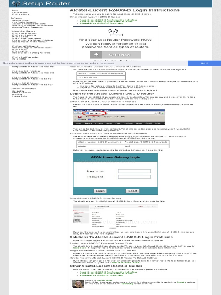 Alcatel-Lucent I-240G-D Login Guide | PDF | Router (Computing) | Password