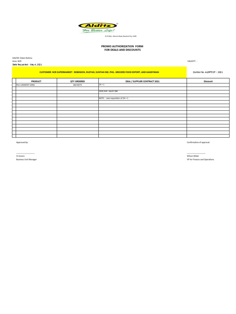 Promo Authorization Form For Deals and Discounts | PDF