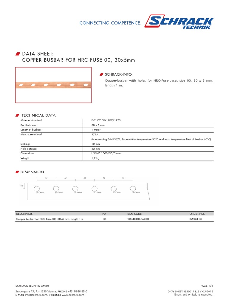 Data Sheet: Copper-Busbar For Hrc-Fuse 00, 30X5Mm: Connecting ...