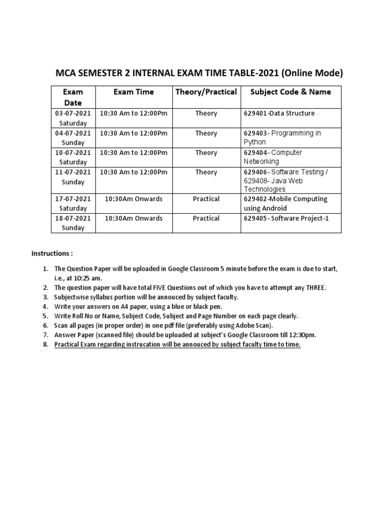Mca Sem-2 Internal Exam Time Table-2021 | PDF | Technology & Engineering
