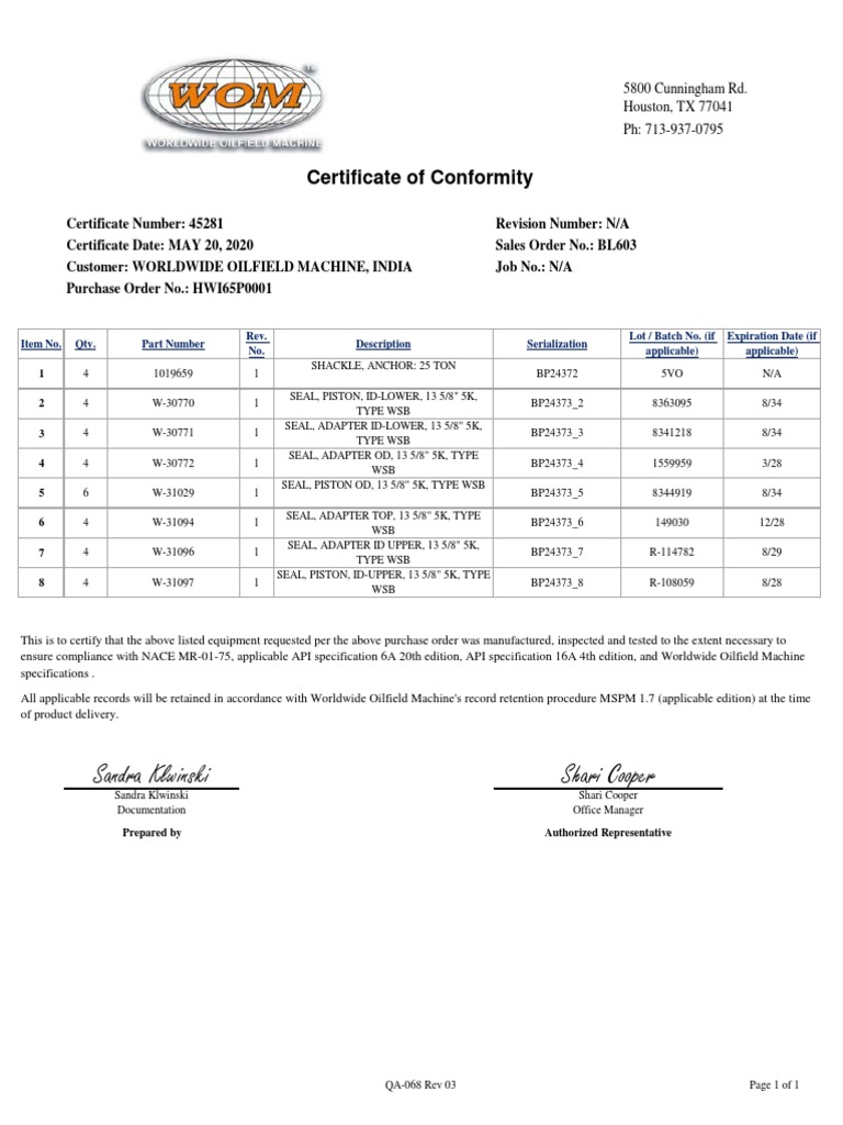 Proof Load Test Cert - New 25t Bow Shackle For WOM Double Ram BOP | PDF ...