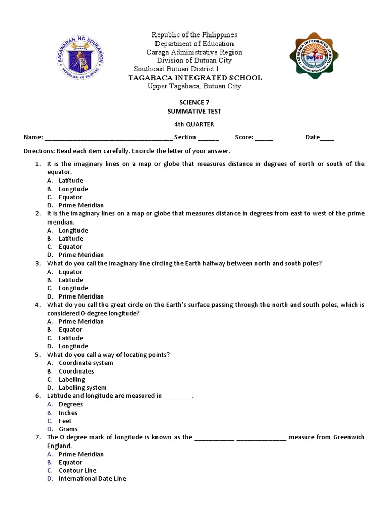 Grade 7 Science: Latitude & Longitude Test | PDF | Longitude | Latitude