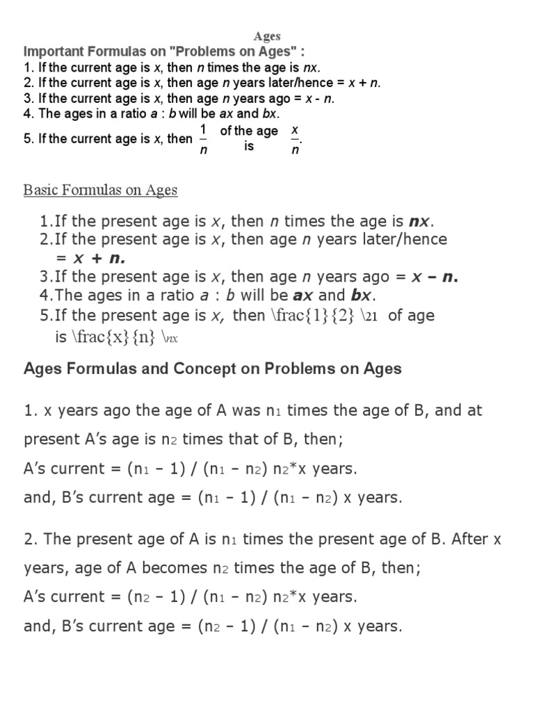 frac (1) (2) / /frac (X) (N) /: Basic Formulas On Ages | PDF | Teaching ...