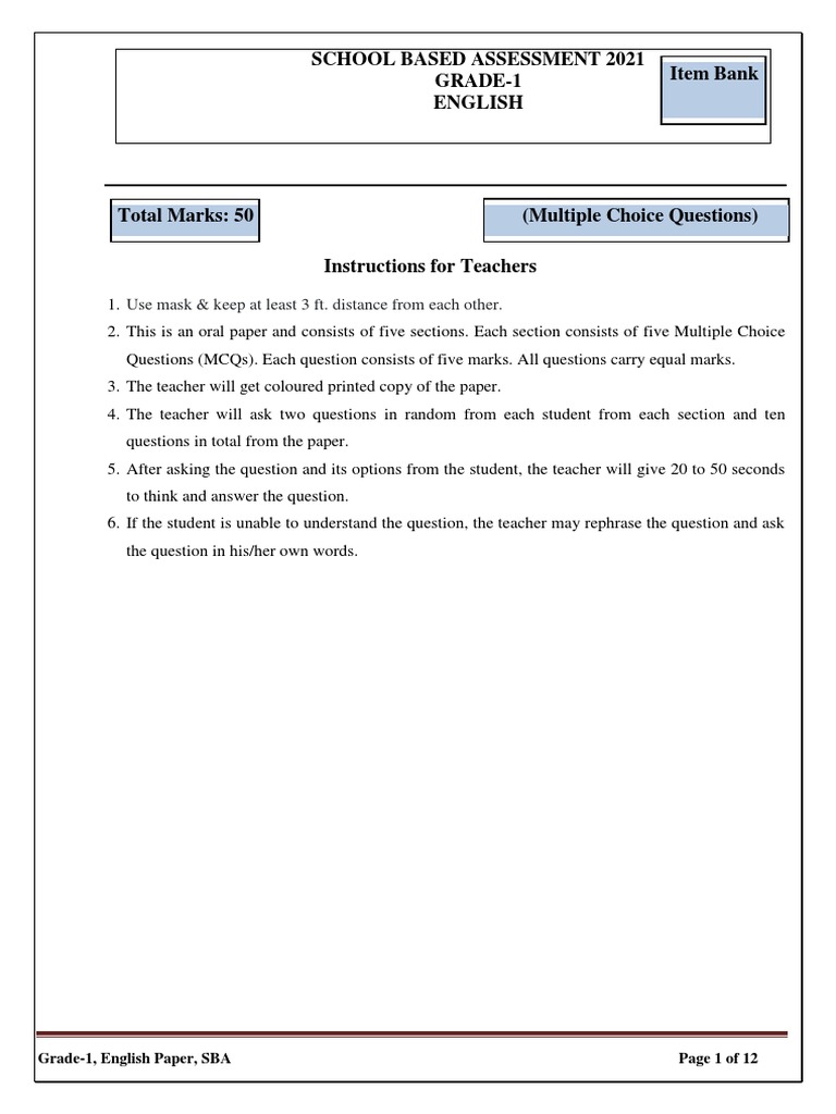 School Based Assessment 2021 Grade-1 English Item Bank: Use Mask & Keep ...