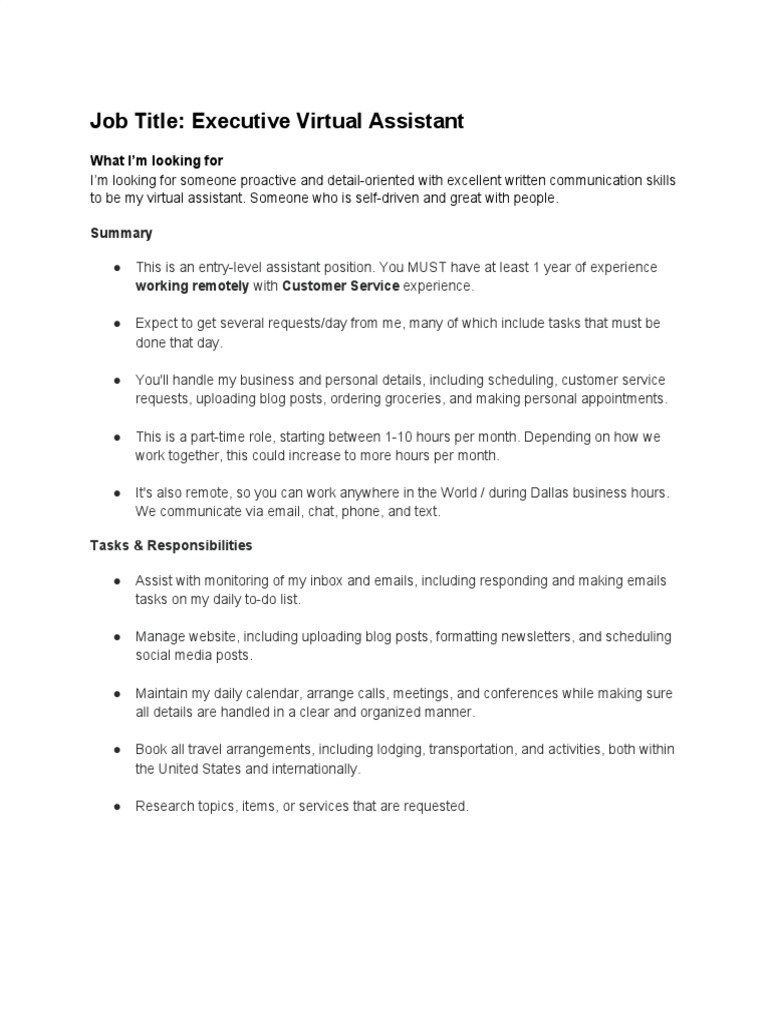 Executive Virtual Assistant Job Description | PDF | Career & Growth