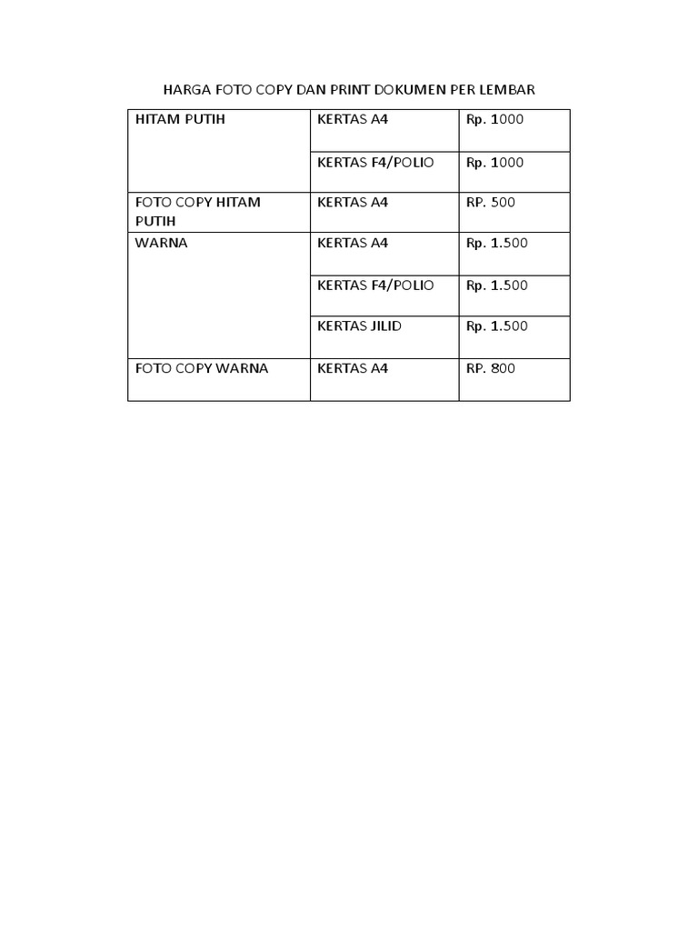 Harga Foto Copy Dan Print Dokumen Per Lembar | PDF