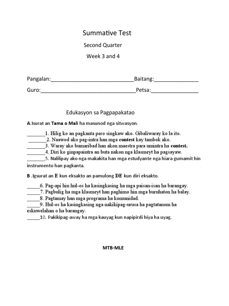 Summative Test WEEK 3 AND 4 | PDF