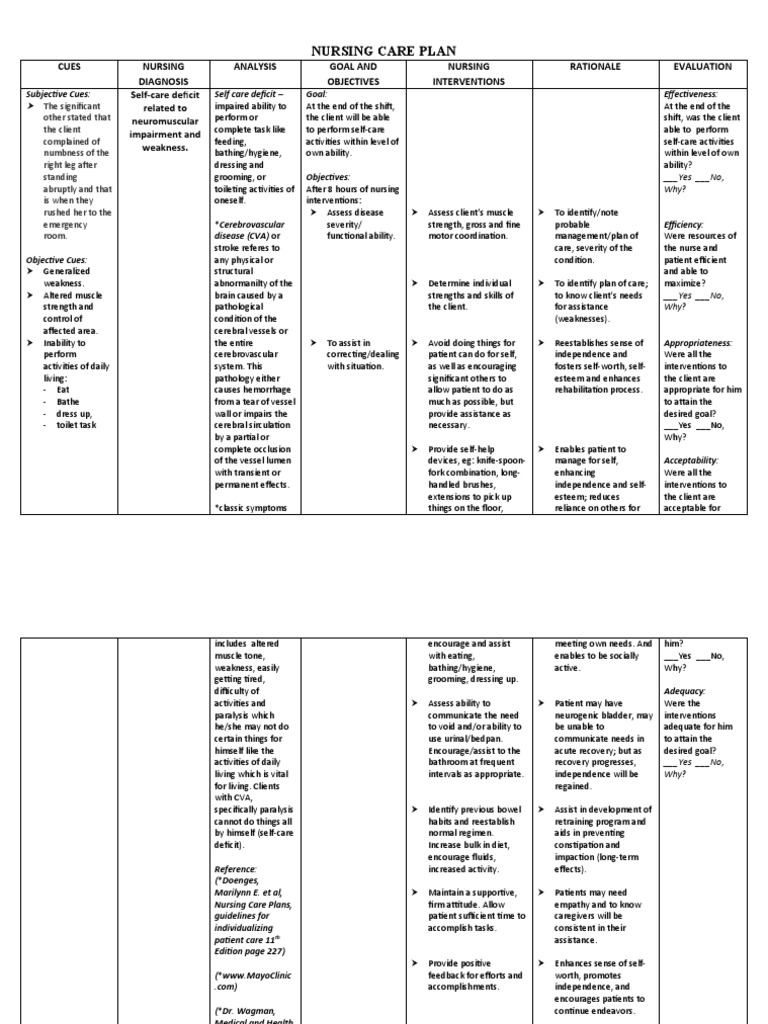 Nursing Care Plan for Self-Care Deficit | PDF | Human Diseases And ...