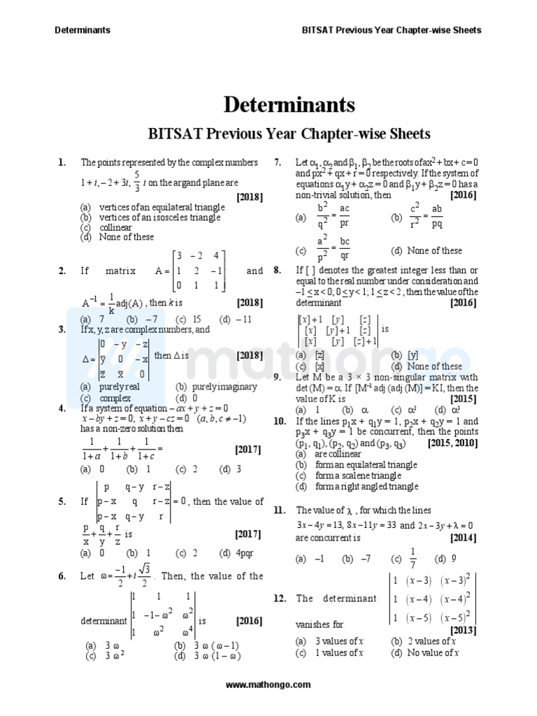 Determinants - BITSAT Previous Year Chapter-Wise Sheets - MathonGo ...