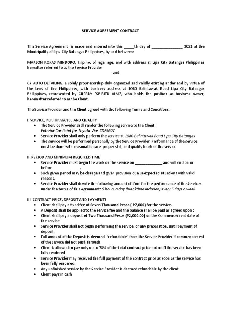 Service Agreement for Auto Detailing | PDF | Legal Liability | Business Law