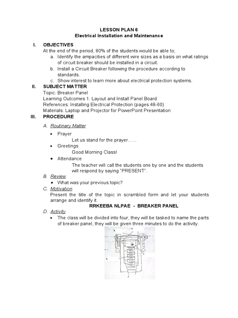 Lesson Plan 6 Electrical Installation and Maintenance I. Objectives ...
