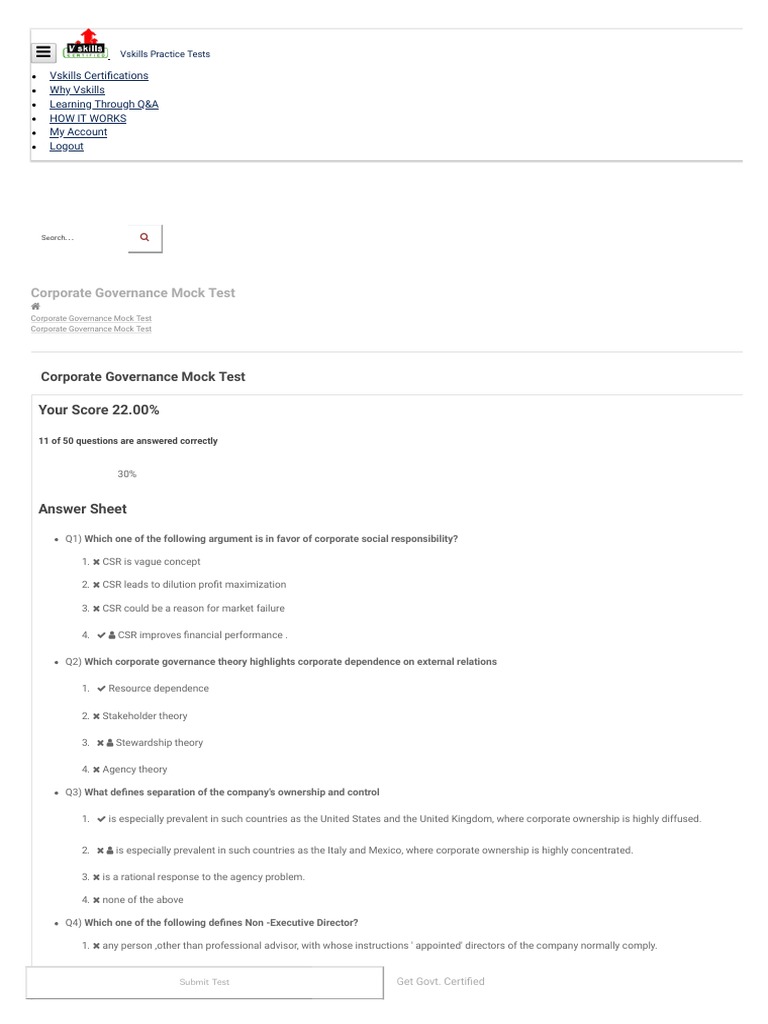 Corporate Governance Mock Test - Vskills Practice Tests | PDF
