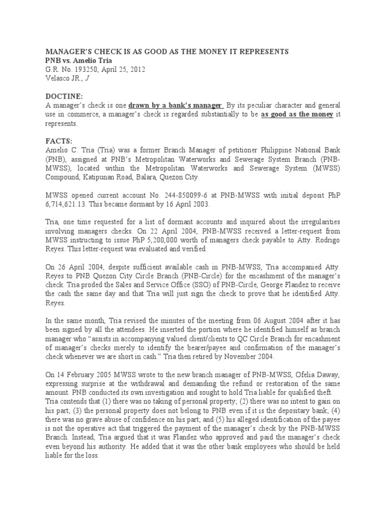 Manager'S Check Is As Good As The Money It Represents PNB vs. Amelio ...