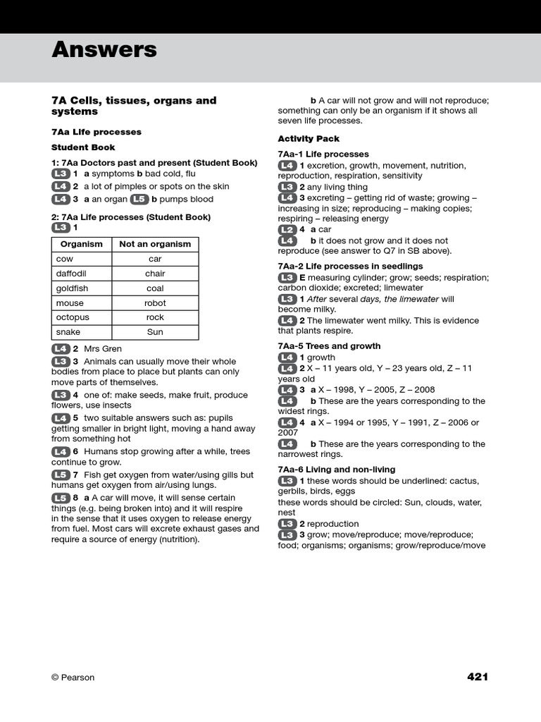 Book and Work Sheet Answers Year 7 | PDF | Fertilisation | Tissue (Biology)