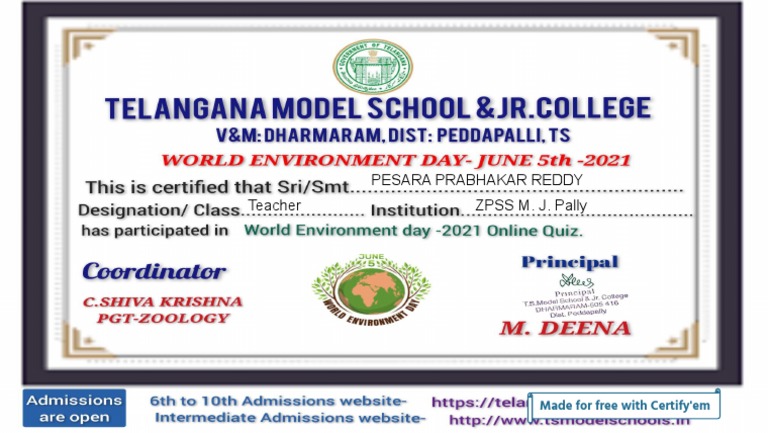 Certificate For PESARA PRABHAKAR REDDY For - World Environment Day-2021 ...