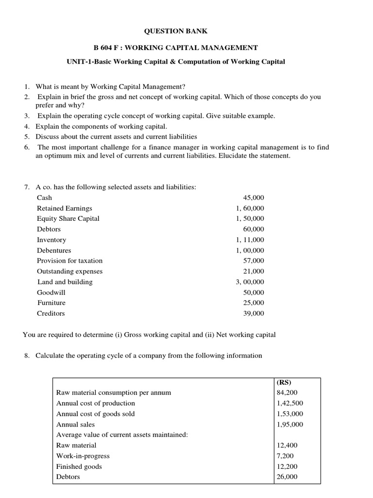 Working Capital Management Question Bank | PDF | Working Capital ...