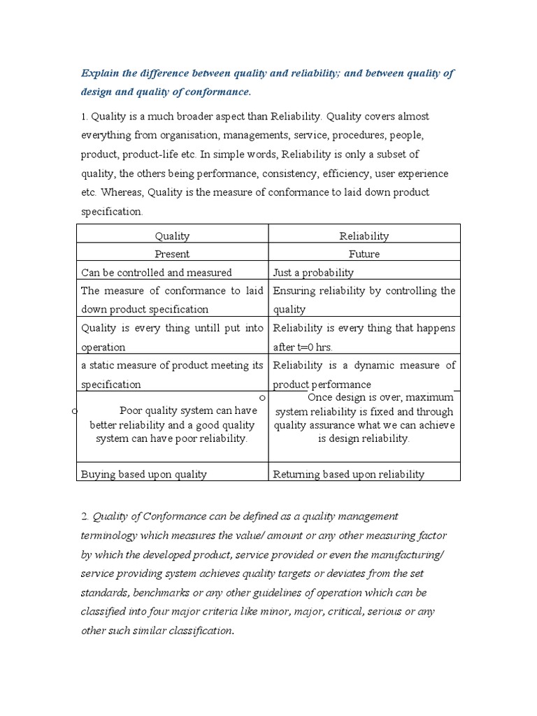 Explain The Difference Between Quality and Reliability and Between ...