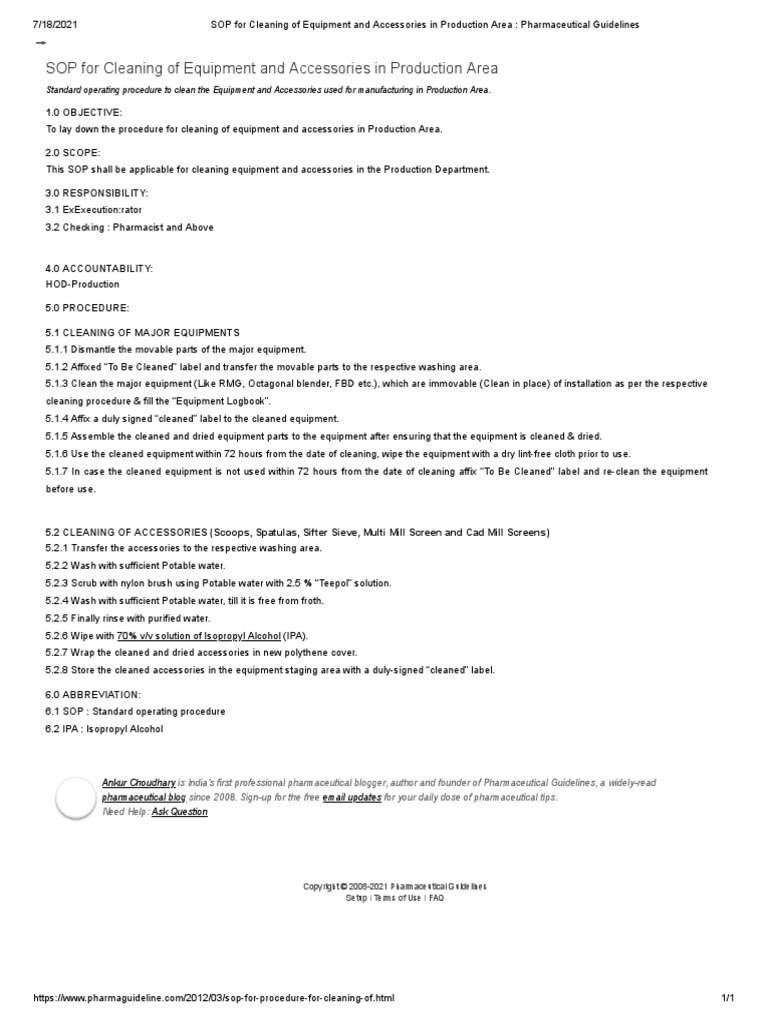 SOP For Cleaning of Equipment and Accessories in Production Area ...