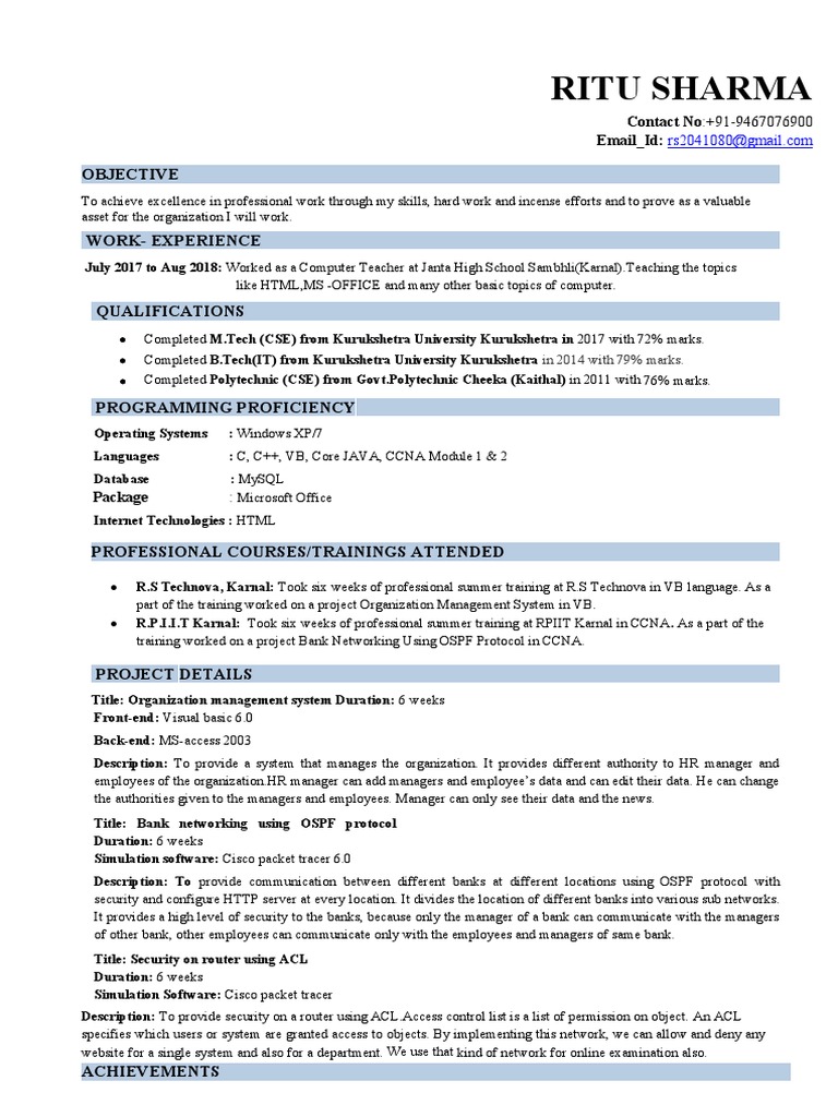 Ritu Sharma New CV | PDF | Telecommunications | Information Technology