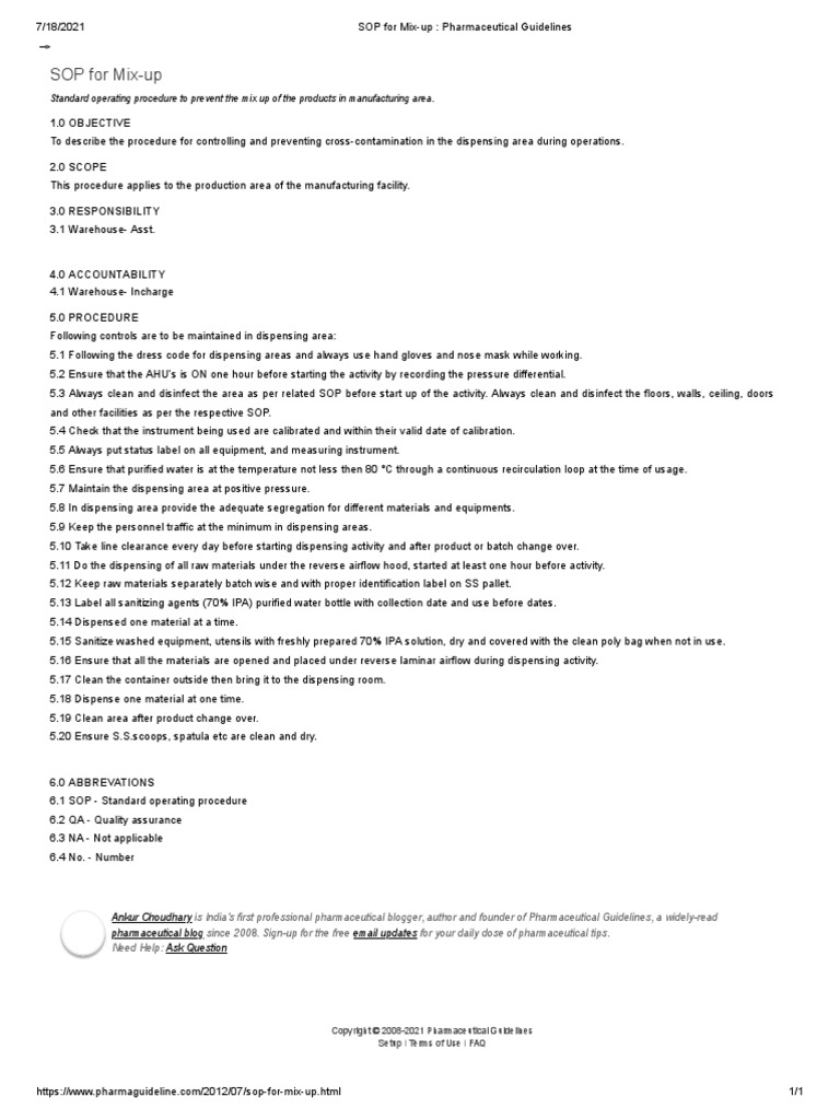 SOP For Mix-Up - Pharmaceutical Guidelines | PDF | Science | Science ...