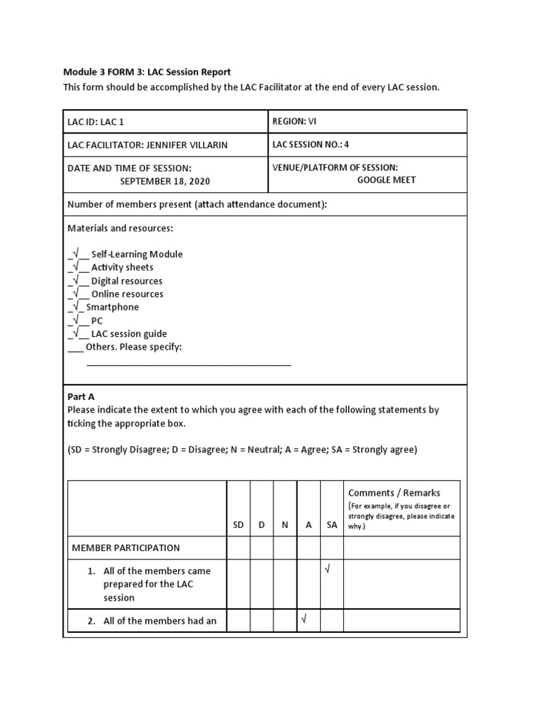 Module 3 FORM 3: LAC Session Report: Region: Vi Lac Session No.: 4 Venue/Platform of Session ...