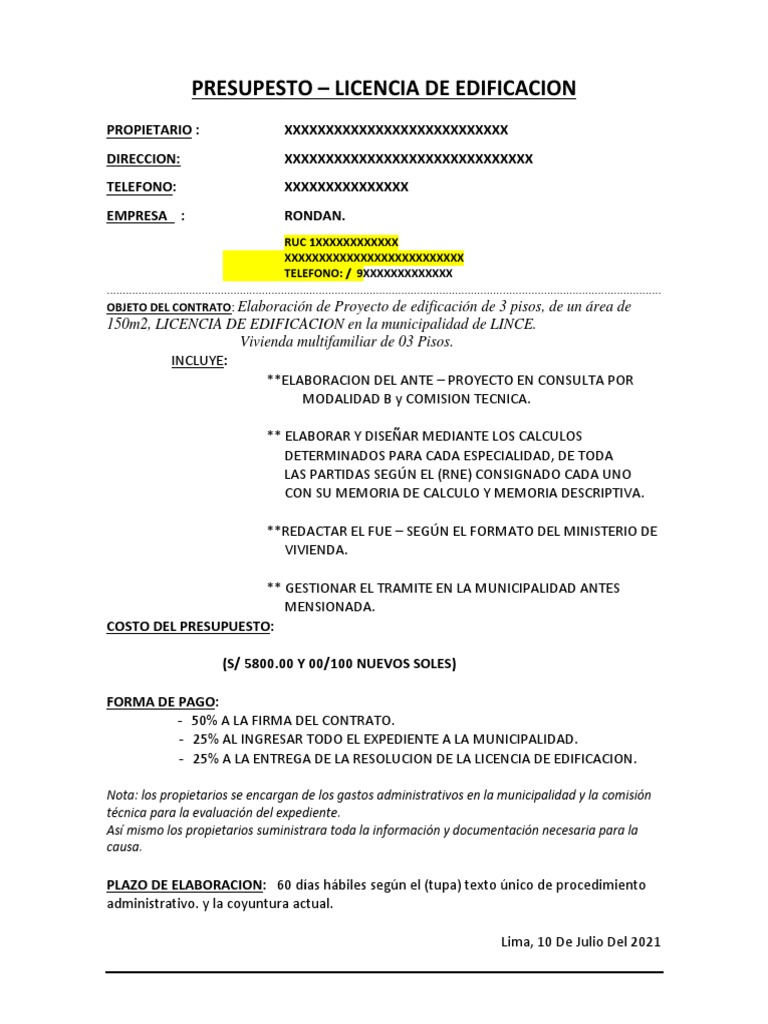 Presupuesto Licencia de Edificacion | PDF | Economias | Business