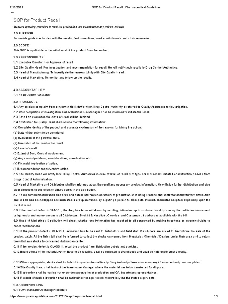 SOP For Product Recall - Pharmaceutical Guidelines | PDF | Evaluation ...