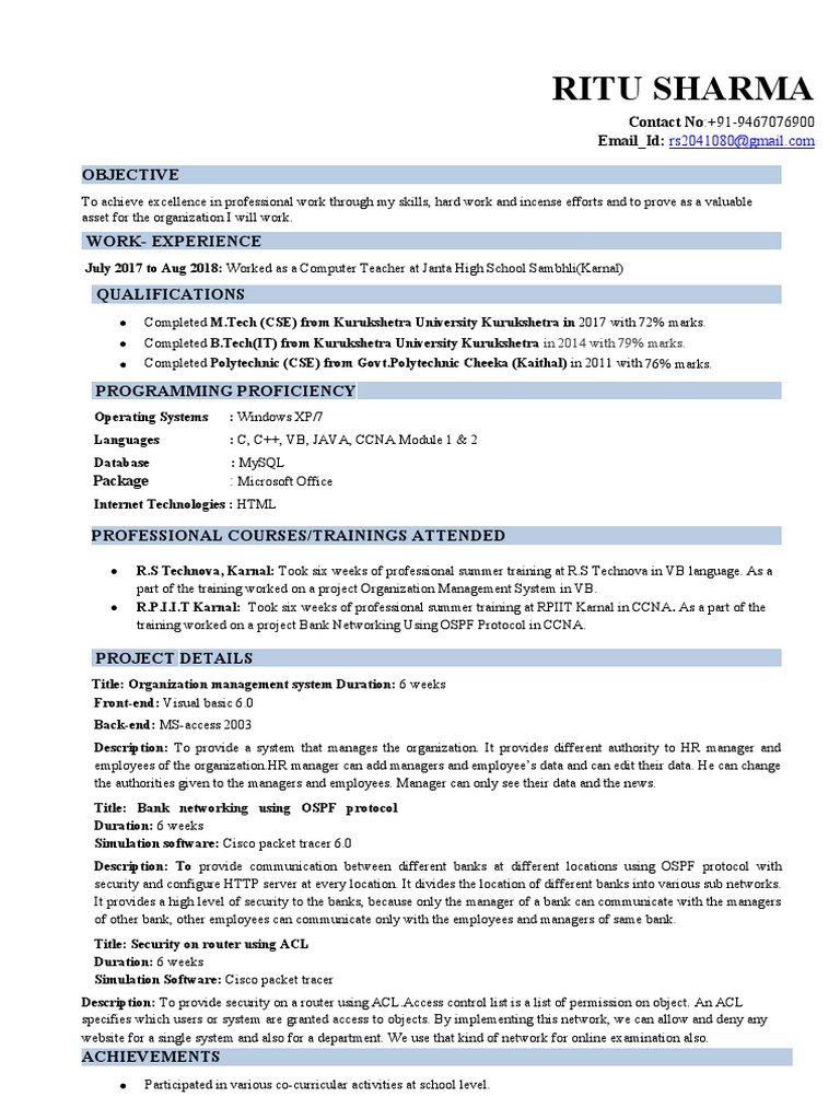 0 - Ritu Sharma Old CV | PDF | Information Age | Computer Engineering