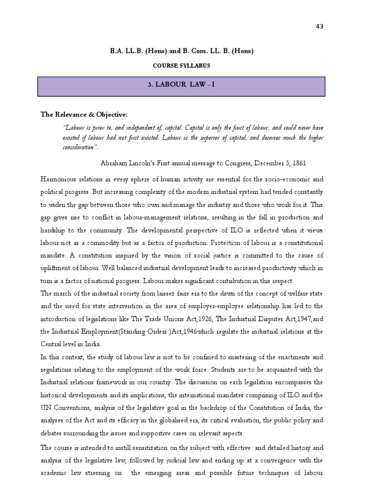 Labour Law I Course Syllabus | PDF | Lockout (Industry) | Strike Action