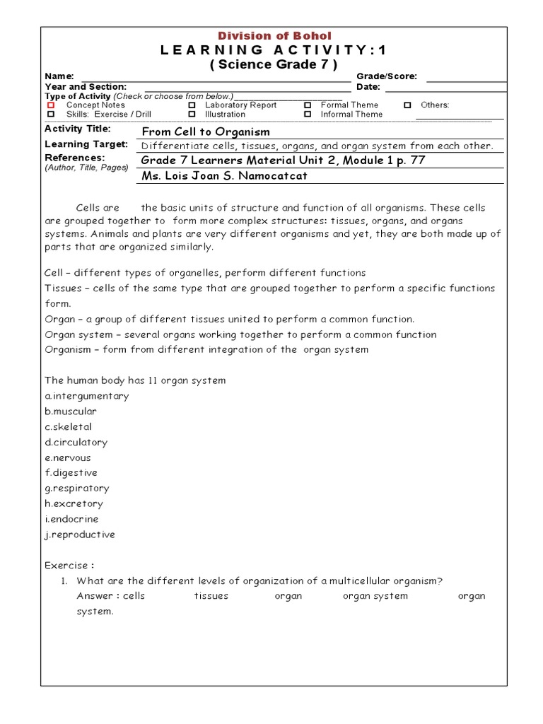 From Cells to Organ Systems: An Examination of the Levels of ...