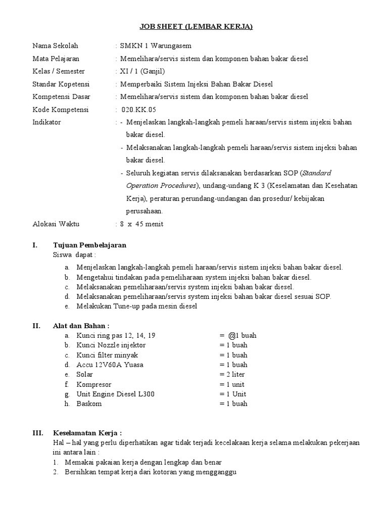 243076110-JOB-SHEET-DIESEL-TKR-KD-1-doc Jos | PDF