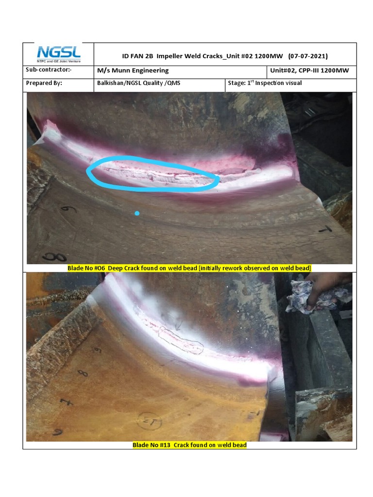 1ST INSPECTION REPORT ID FAN 2B Impeller Weld Cracks Unit#02 1200MW | PDF