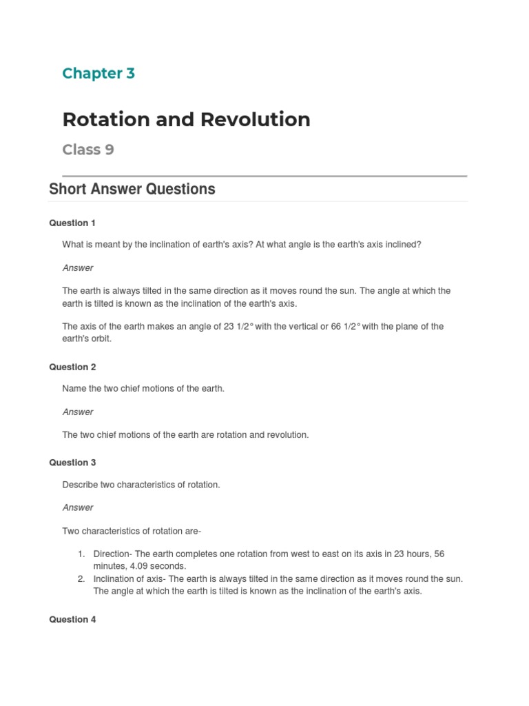 Ix Geography Chapter 3 Rotation And Revolution Pdf Equator Night