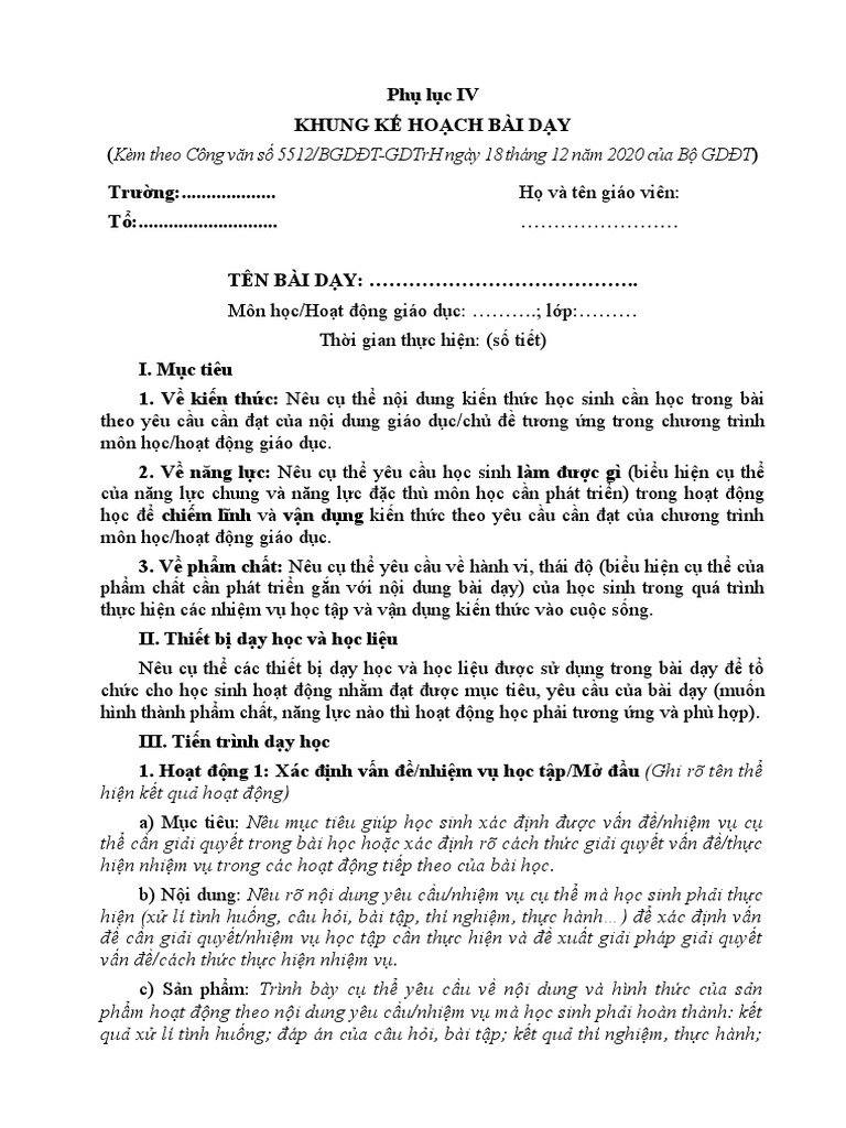 Phu Luc 4 Mau Ke Hoach Bai Day 2020 | PDF