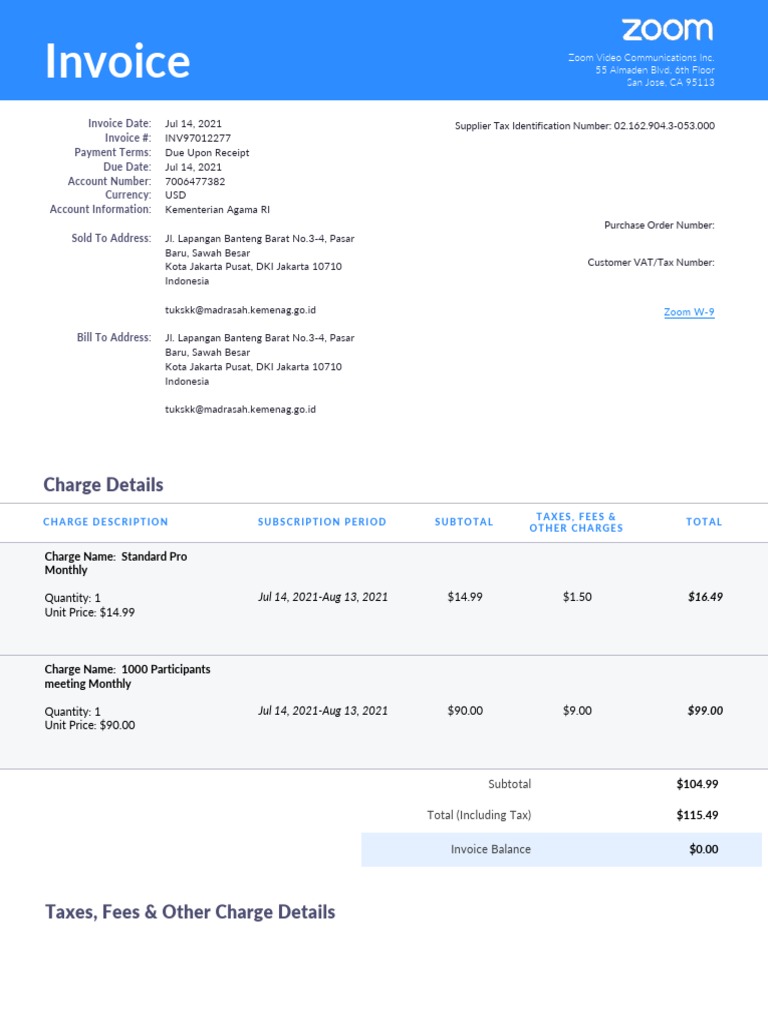 INV91509602 Zoom KSKK Juli 2021 PDF | PDF | Invoice | Fee