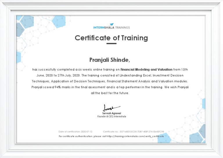 Financial Modeling and Valuation Training - Certificate of Completion | PDF