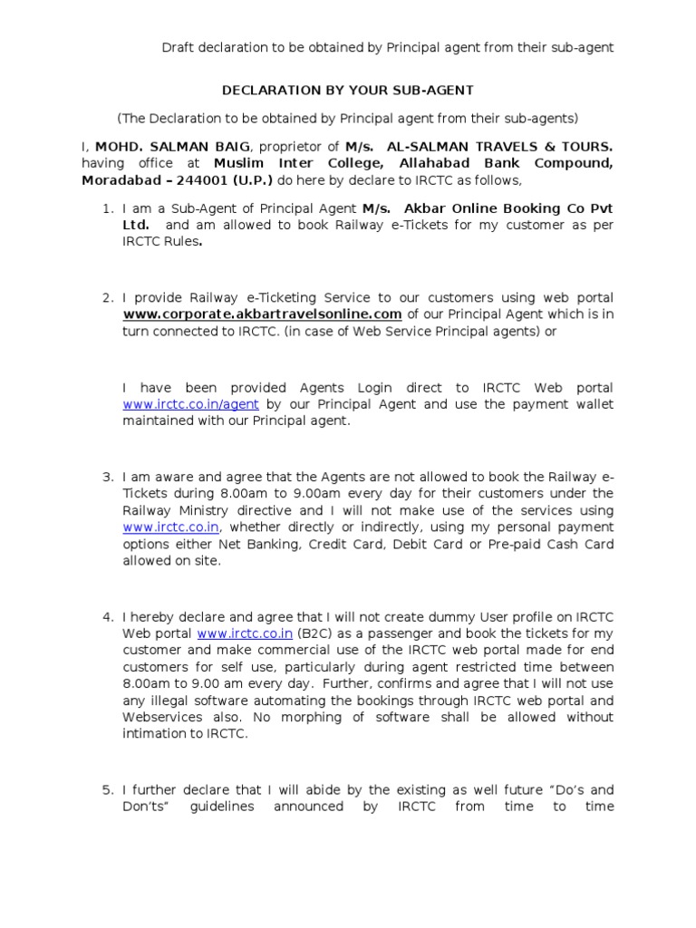 DECLARATION BY SUB AGENTS March 2011 v1 IRCTC Approved | PDF | Payments ...