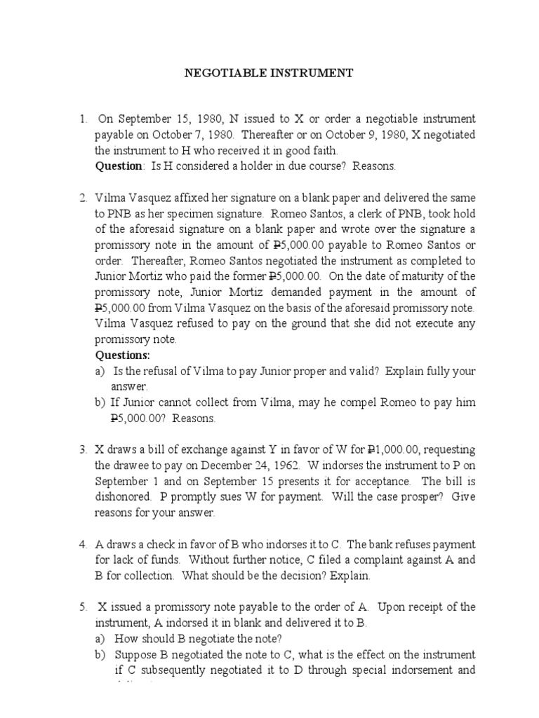 NEGOTIABLE INSTRUMENTS - Exams | PDF | Negotiable Instrument | Promissory Note