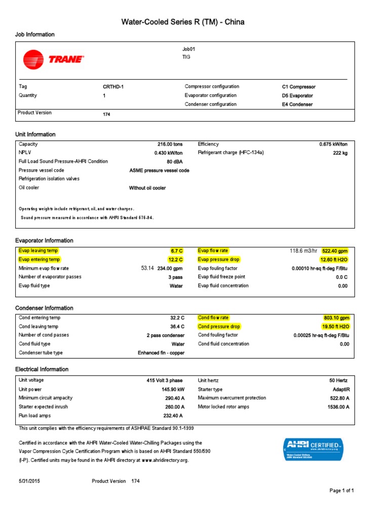 Trane Chiller Data Sheet RTHD | Download Free PDF | Temperature ...
