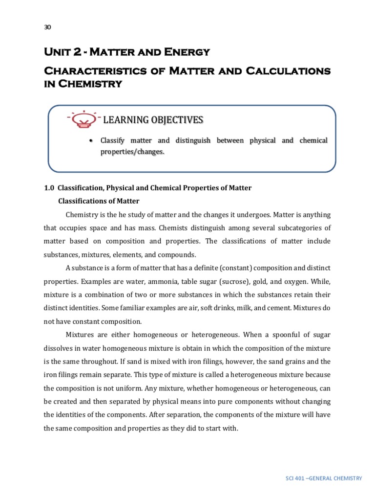 Unit 2 - Matter and Energy Characteristics of Matter and Calculations ...